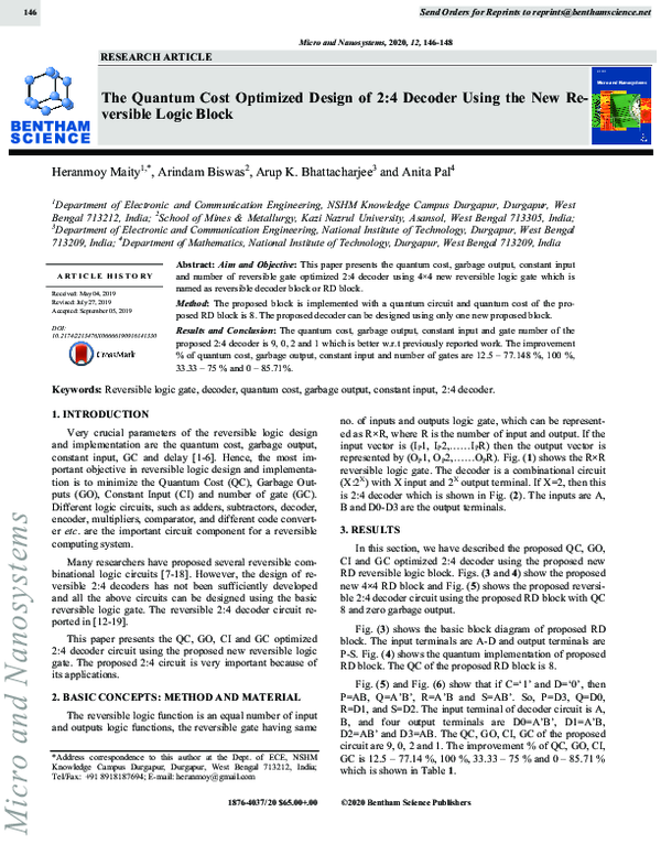 Pdf The Quantum Cost Optimized Design Of 24 Decoder Using The New Reversible Logic Block