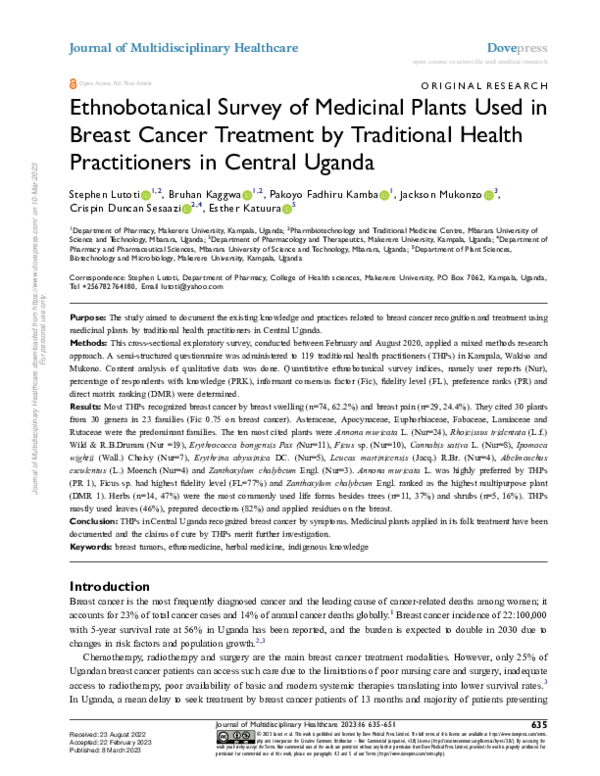 (PDF) Ethnobotanical Survey of Medicinal Plants Used in Breast Cancer Treatment by Traditional ...