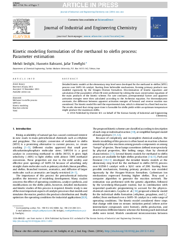Pdf Kinetic Modeling Formulation Of The Methanol To Olefin Process