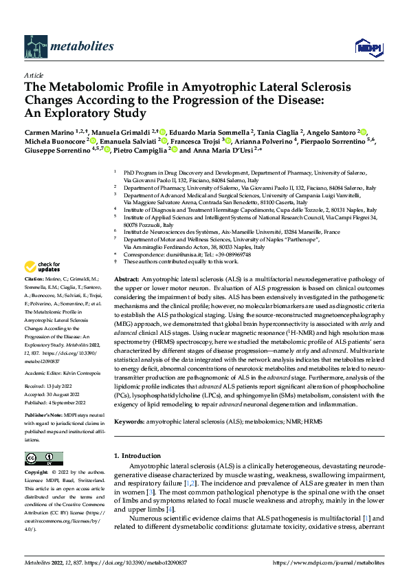 (PDF) The Metabolomic Profile in Amyotrophic Lateral Sclerosis Changes ...
