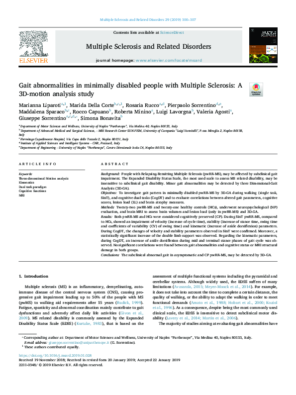 Pdf Gait Abnormalities In Minimally Disabled People With Multiple Sclerosis A 3d Motion