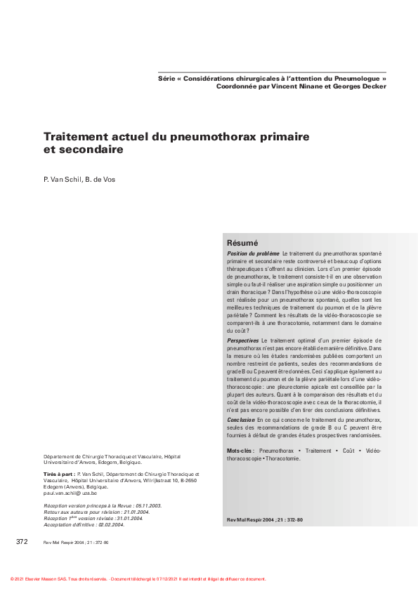 (PDF) Traitement actuel du pneumothorax primaire et secondaire
