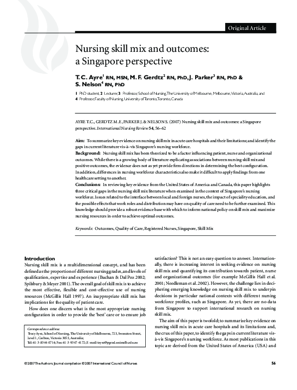 (PDF) Nursing skill mix and outcomes: a Singapore perspective