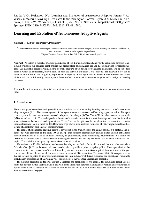(PDF) Learning and Evolution of Autonomous Adaptive Agents