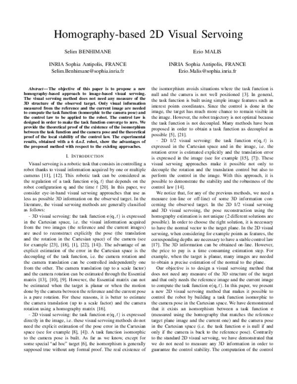 (PDF) Homography-based 2D visual servoing