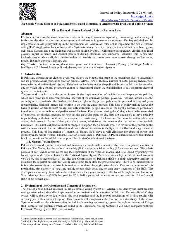 (PDF) Electronic Voting System in Pakistan: Benefits and Comparative ...