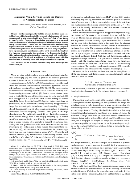 (PDF) Continuous visual servoing despite the changes of visibility in image features