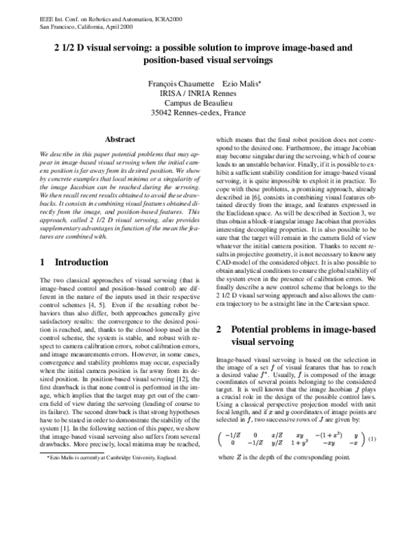 Pdf 2 12 D Visual Servoing A Possible Solution To Improve Image Based And Position Based