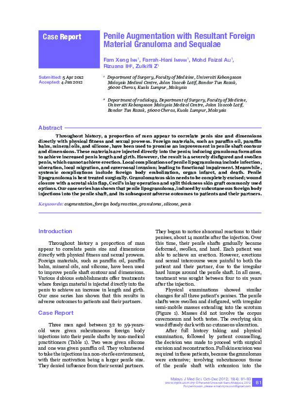 (PDF) Penile augmentation with resultant foreign material granuloma and ...