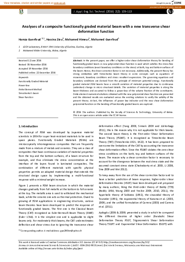 (PDF) Analyses of a composite functionally graded material beam with a new transverse shear ...