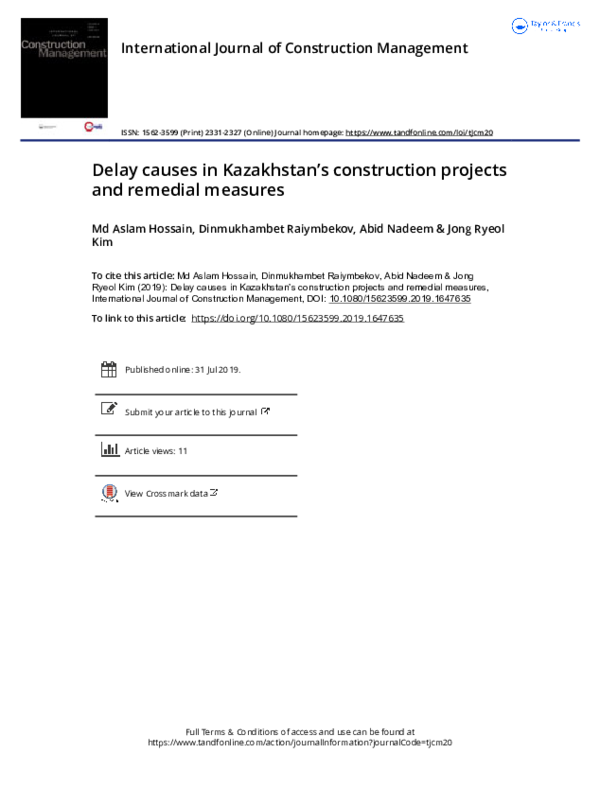 (PDF) Delay causes in Kazakhstan’s construction projects and remedial measures