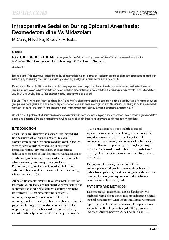(PDF) Intraoperative Sedation During Epidural Anesthesia ...