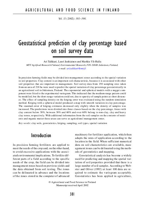 (PDF) Geostatistical prediction of clay percentage based on soil survey ...