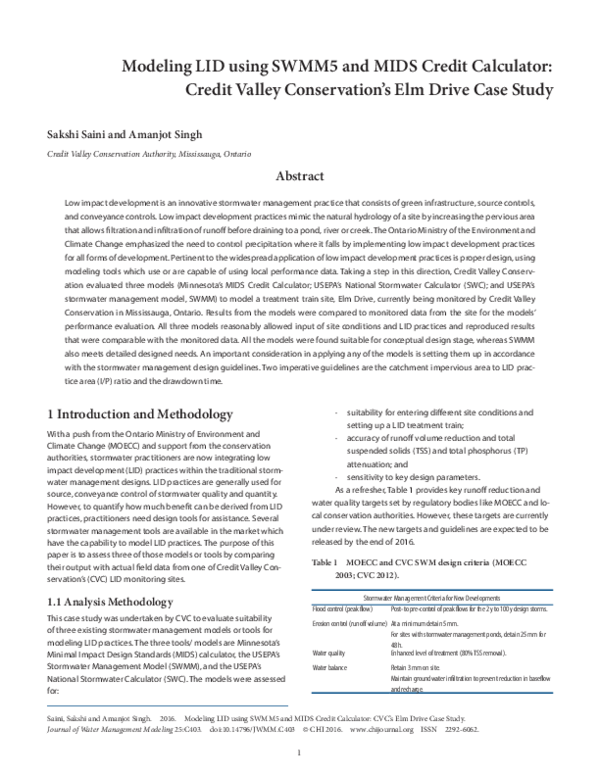 (PDF) Modeling LID using SWMM5 and MIDS Credit Calculator: Credit ...
