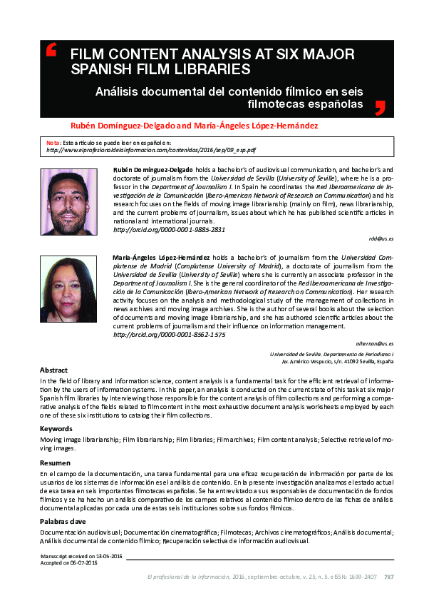 (PDF) Análisis documental del contenido fílmico en seis filmotecas españolas | María Ángeles ...