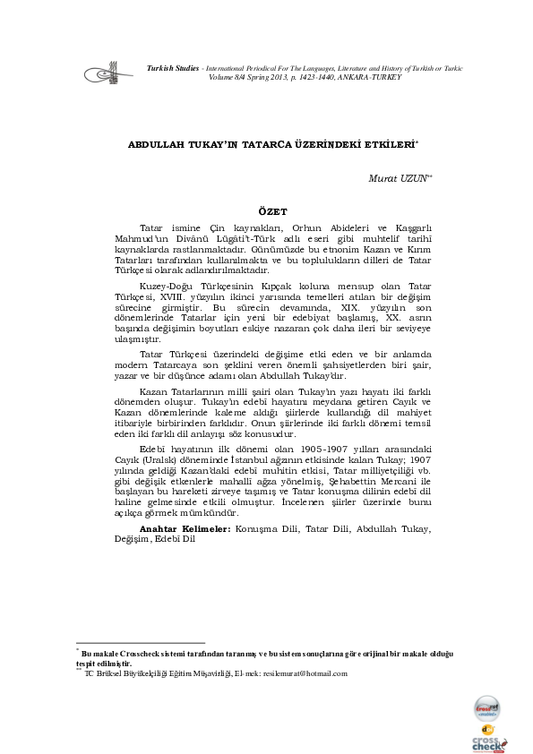 (PDF) Abdullah Tukay'ın Tatarca Üzerindeki Etkileri