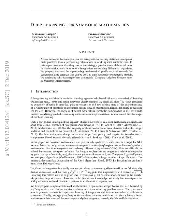 Pdf Deep Learning For Symbolic Mathematics