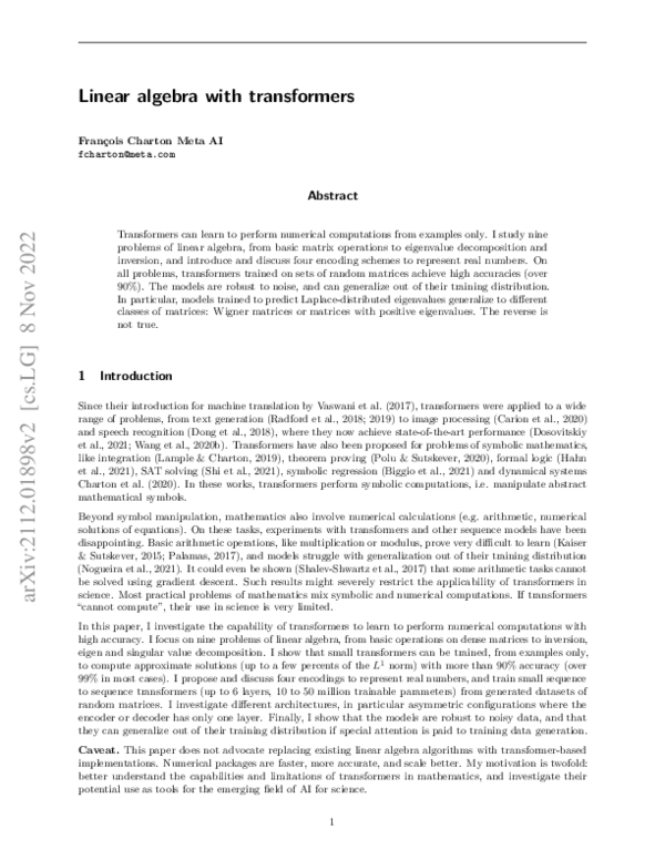 (PDF) Linear algebra with transformers