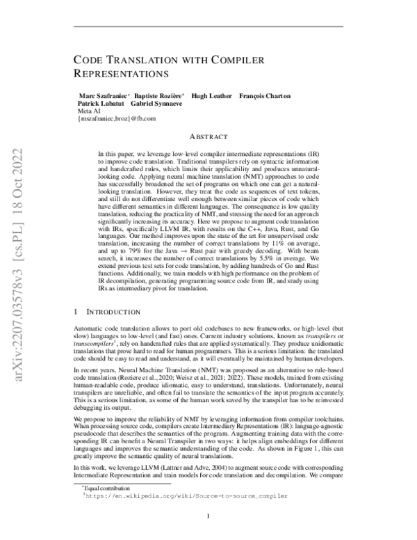 Pdf Code Translation With Compiler Representations