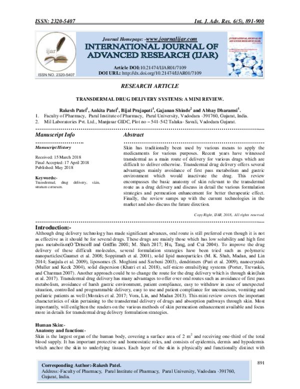 (PDF) Transdermal Drug Delivery Systems: A Mini Review