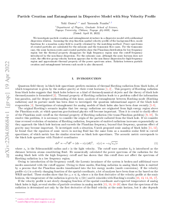 (PDF) Particle Creation and Entanglement in Dispersive Model with Step Velocity Profile