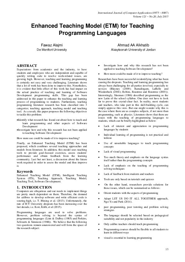 (PDF) Enhanced Teaching Model (ETM) for Teaching Programming Languages ...