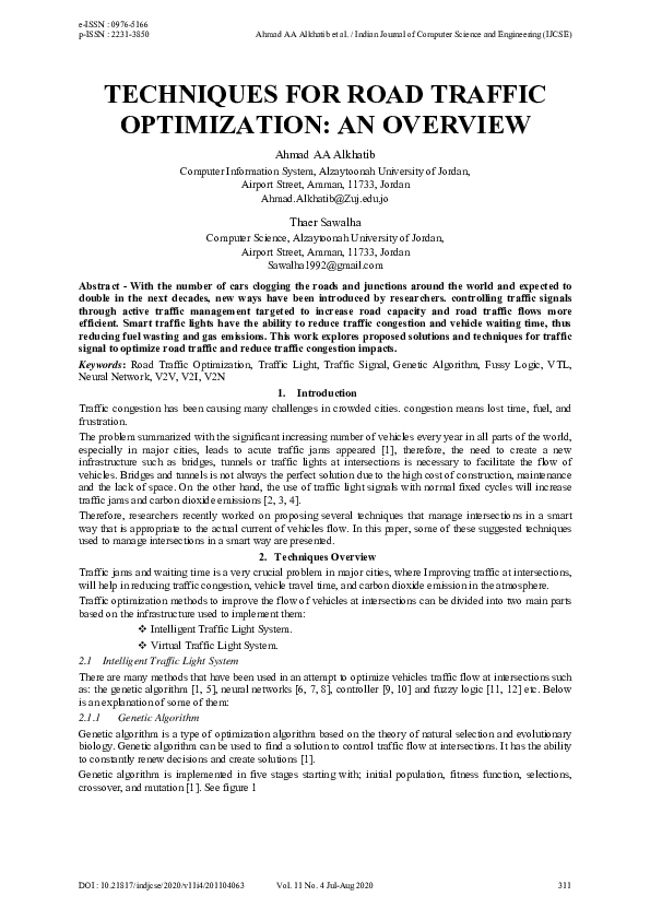 (PDF) Techniques for Road Traffic Optimization: An Overview