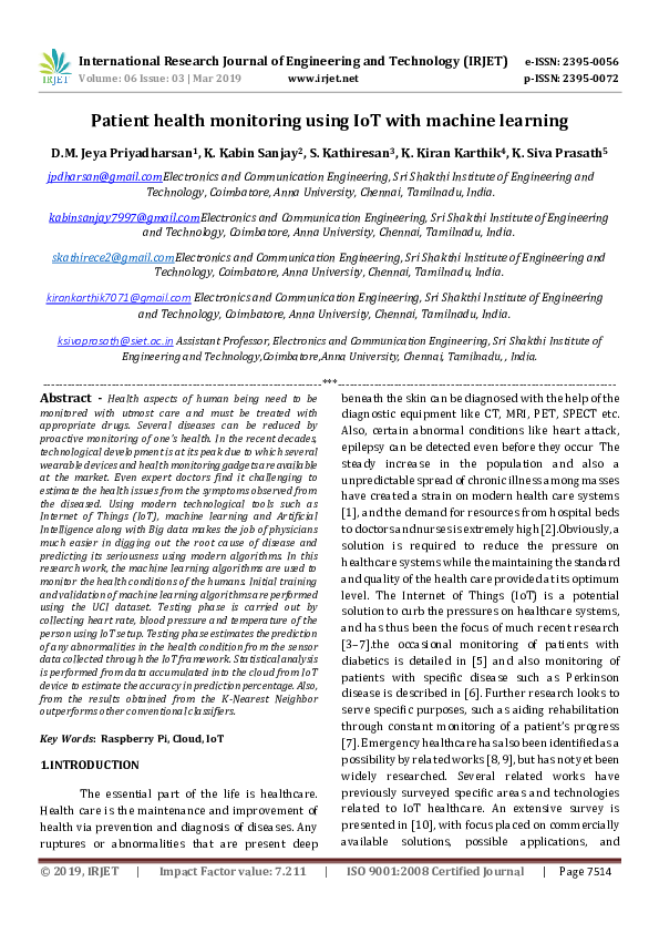 (PDF) Patient health monitoring using IoT with machine learning