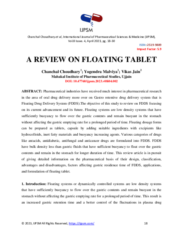 (PDF) A REVIEW ON FLOATING TABLET