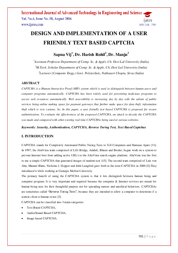 (PDF) Design and Implementation of a User Friendly Text Based Captcha