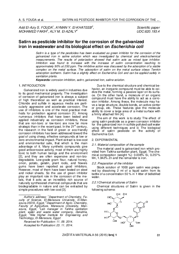 (PDF) Satirn as pesticide inhibitor for the corrosion of the galvanized ...