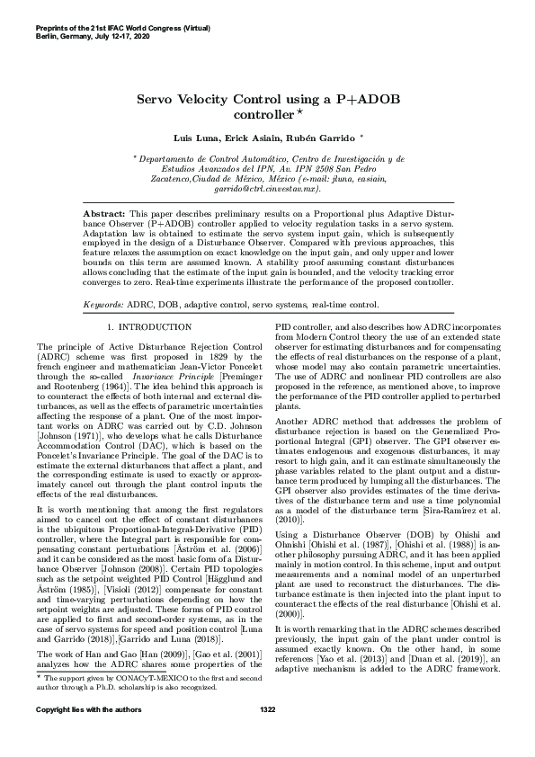 (PDF) Servo Velocity Control using a P+ADOB controller