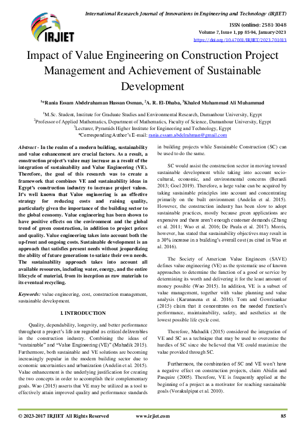 (PDF) Impact of Value Engineering on Construction Project Management ...