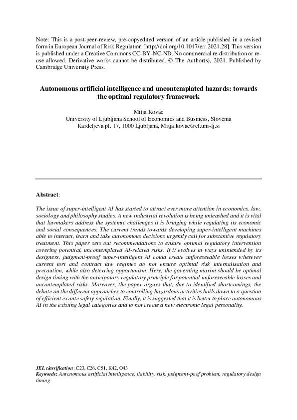 (PDF) Autonomous Artificial Intelligence and Uncontemplated Hazards: Towards the Optimal ...