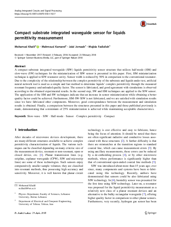 (PDF) Compact substrate integrated waveguide sensor for liquids permittivity measurement
