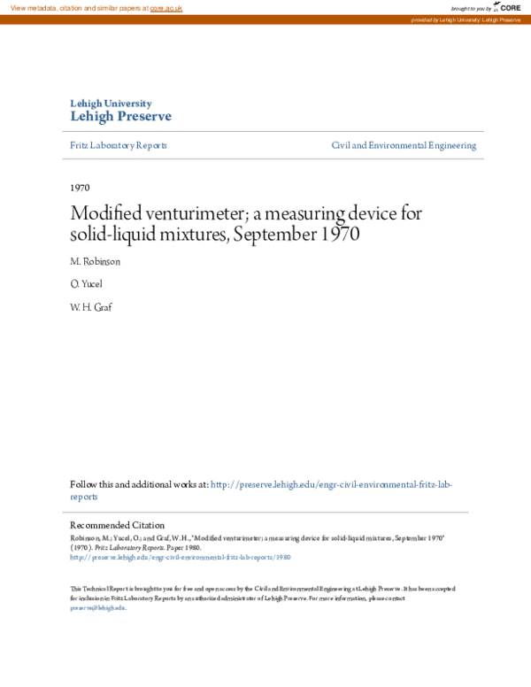 (PDF) Modified venturimeter; a measuring device for solid-liquid mixtures, September 1970 ...