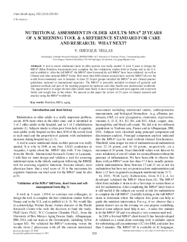 (PDF) Nutritional Assessment in Older Adults: MNA® 25 years of a ...