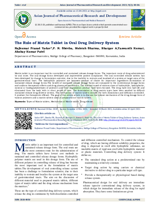 (PDF) The Role of Matrix Tablet in Oral Drug Delivery System
