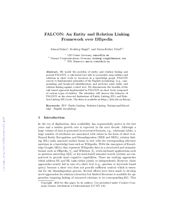 (PDF) FALCON: An Entity and Relation Linking Framework over DBpedia
