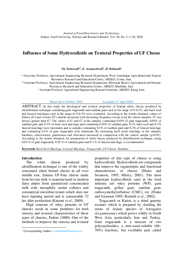 (PDF) Influence of Some Hydrocolloids on Textural Properties of UF Cheese (PDF) Influence of Some Hydrocolloids on Textural Properties of UF Cheese