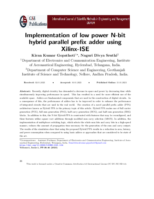 Pdf Implementation Of Low Power N Bit Hybrid Parallel Prefix Adder Using Xilinx Ise 2315