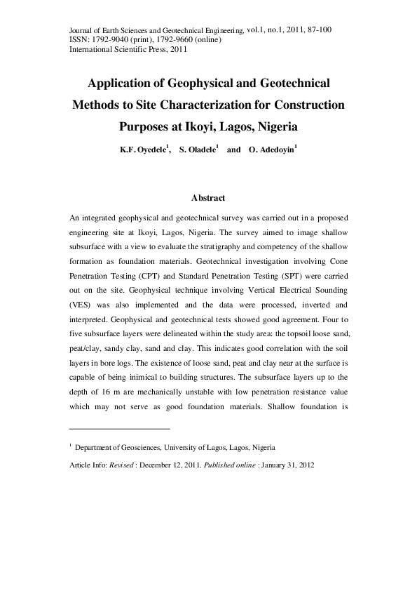 (PDF) Application of Geophysical and Geotechnical Methods to Site Characterization for ...