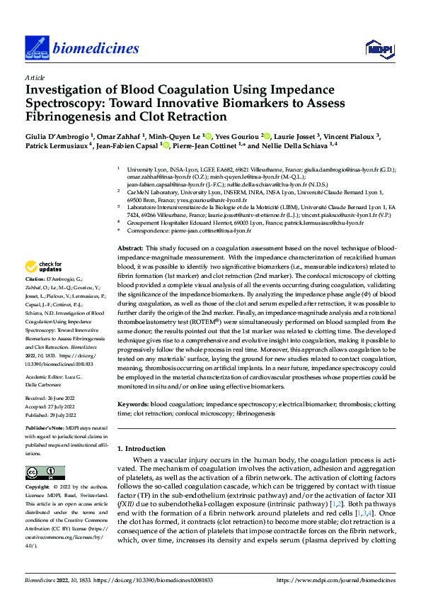 (PDF) Investigation of Blood Coagulation Using Impedance Spectroscopy: Toward Innovative ...