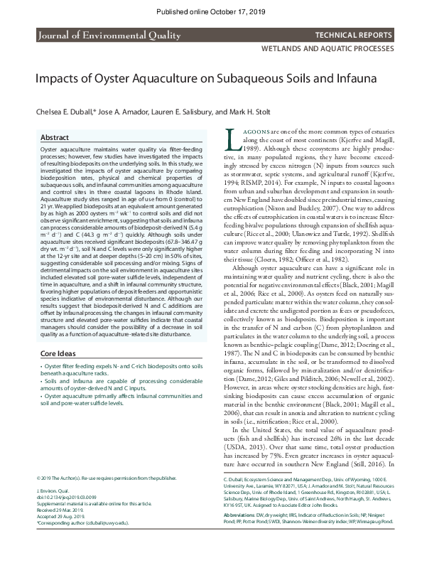 (PDF) Impacts of Oyster Aquaculture on Subaqueous Soils and Infauna