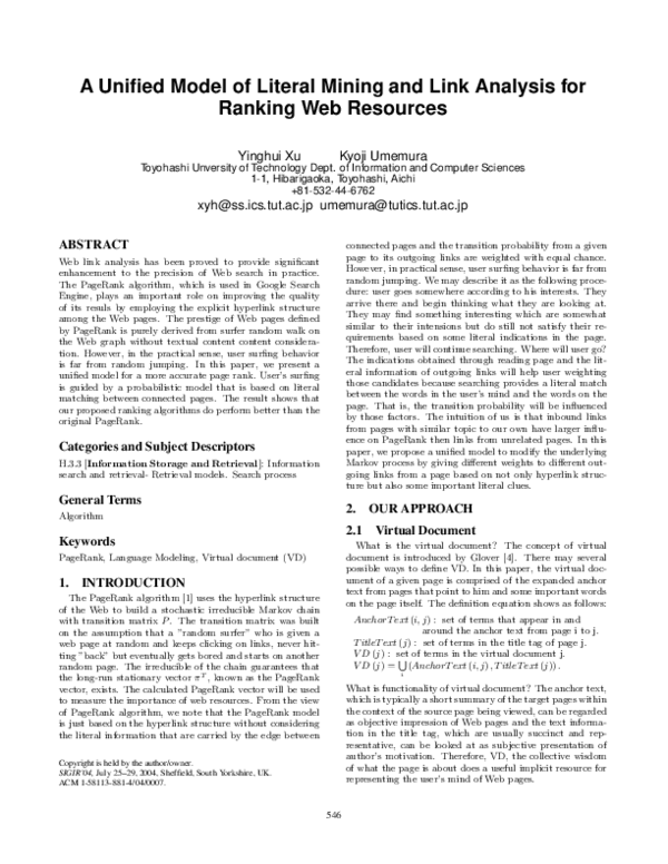 (PDF) A unified model of literal mining and link analysis for ranking web resources