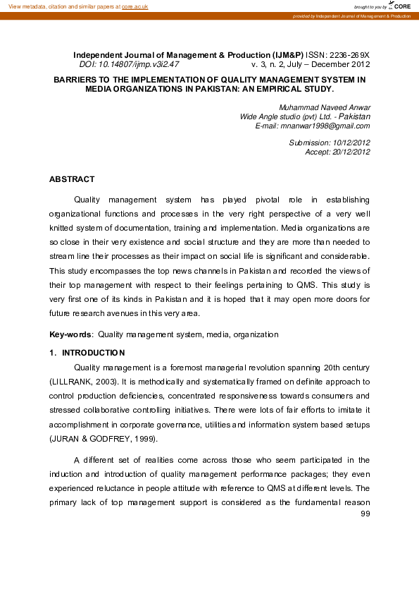 (PDF) Barriers to the implementation of quality management system in ...