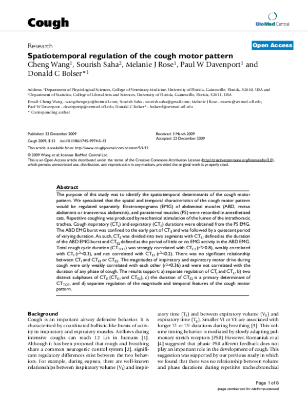 Pdf Spatiotemporal Regulation Of The Cough Motor Pattern Sourish Saha