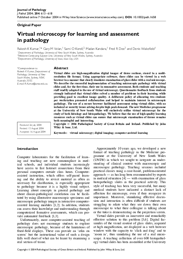 (PDF) Virtual microscopy for learning and assessment in pathology