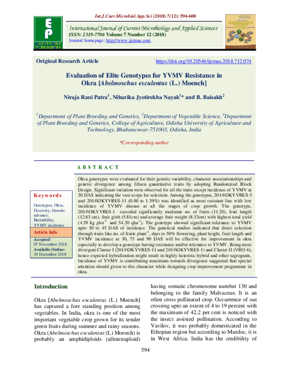 (PDF) Evaluation of Quantitative Characters of Okra [Abelmoschus esculentus (L). Moench] Genotypes
