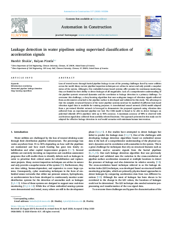 Pdf Leakage Detection In Water Pipelines Using Supervised Classification Of Acceleration Signals